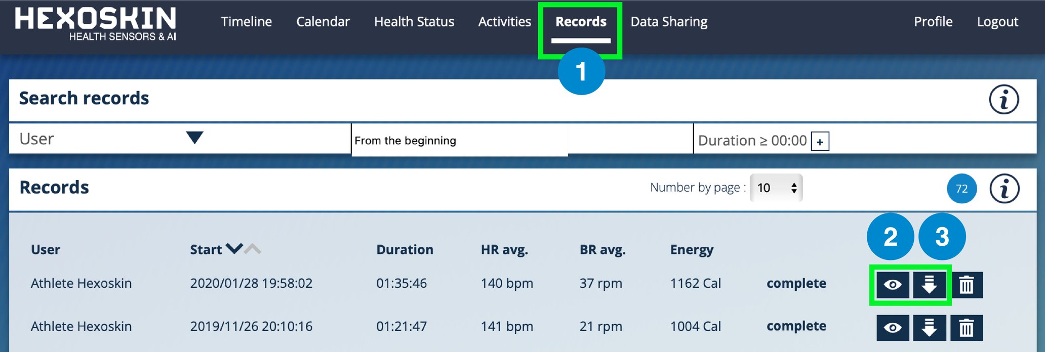 Viewing Records, Activities, and Extracting Data from the Hexoskin User Dashboard